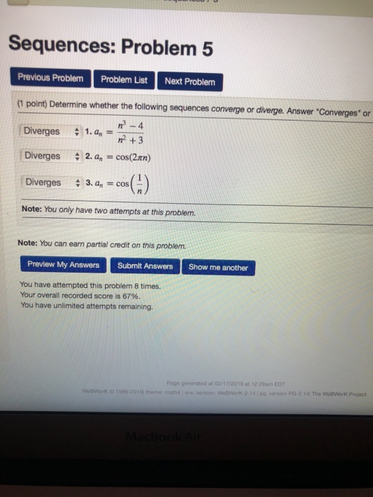 Solved Sequences: Problem 5 Previous Problem Problem List | Chegg.com