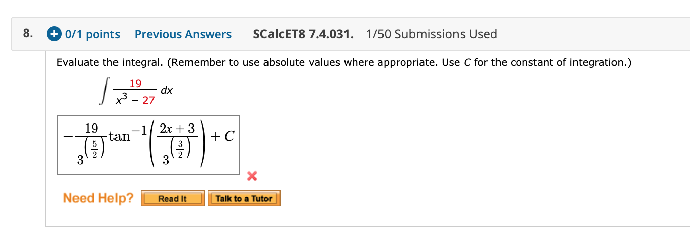Solved 8. 0/1 points Previous Answers SCalcET8 7.4.031. 1/50 | Chegg.com