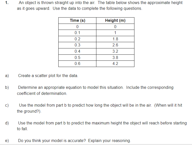 Solved 1. An object is thrown straight up into the air. The | Chegg.com