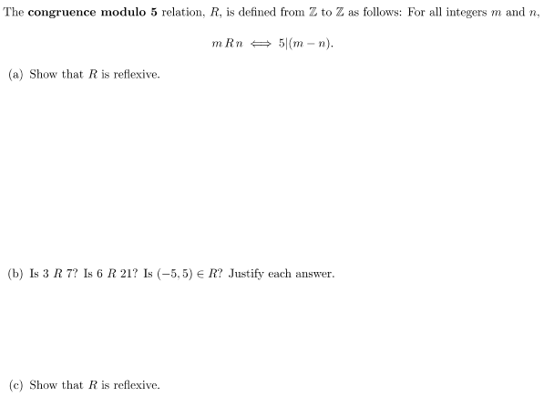 Solved The congruence modulo 5 relation, R, is defined from | Chegg.com