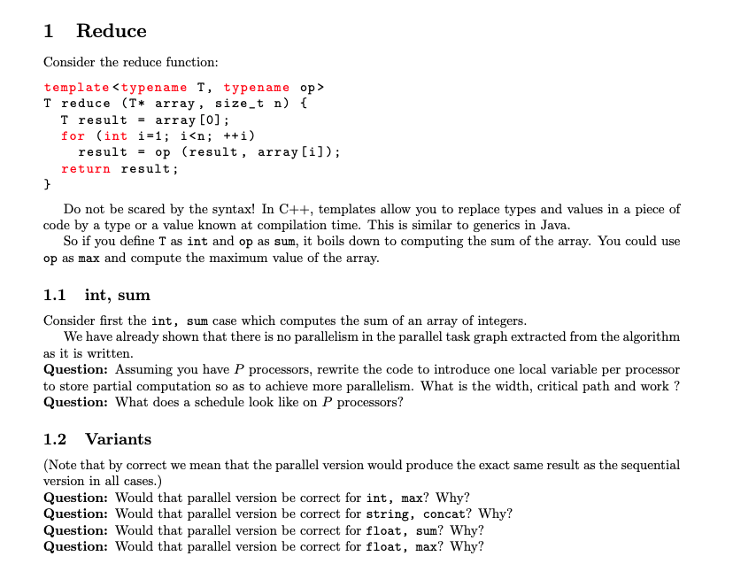 1 Reduce Consider the reduce function: template T | Chegg.com