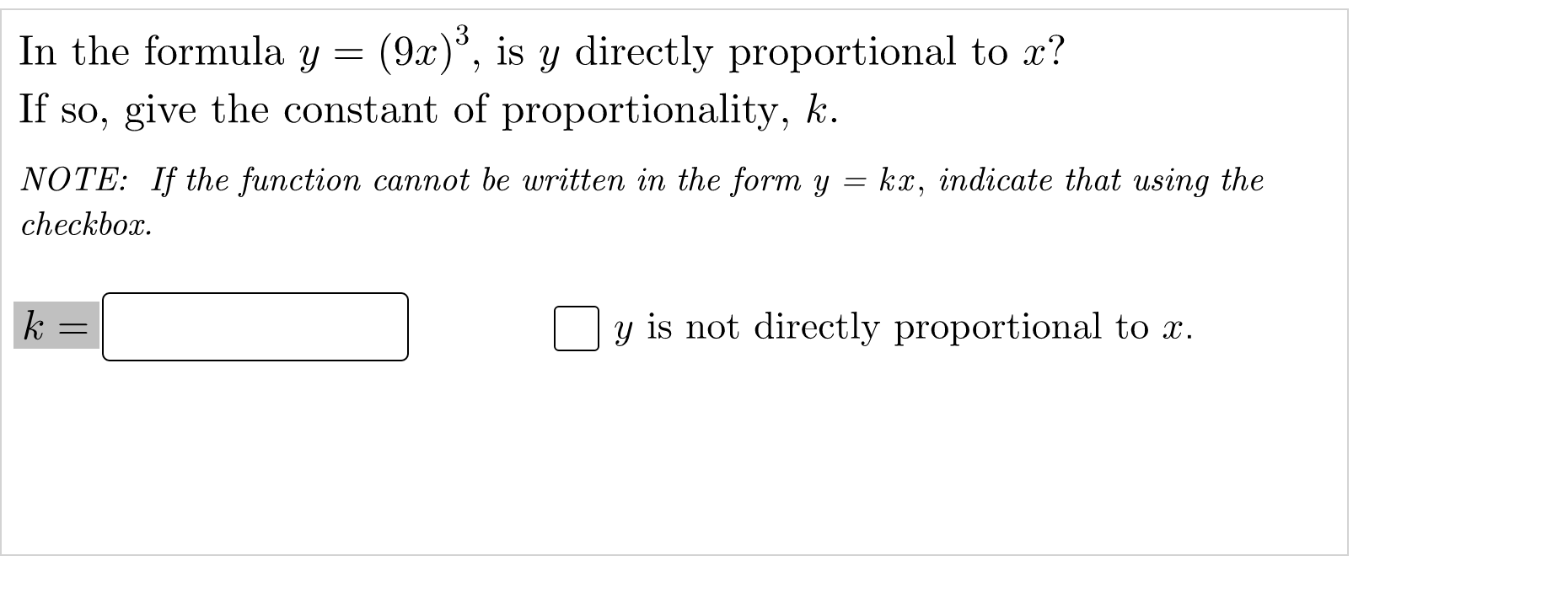 Solved In the formula y = (9x)", is y directly proportional | Chegg.com