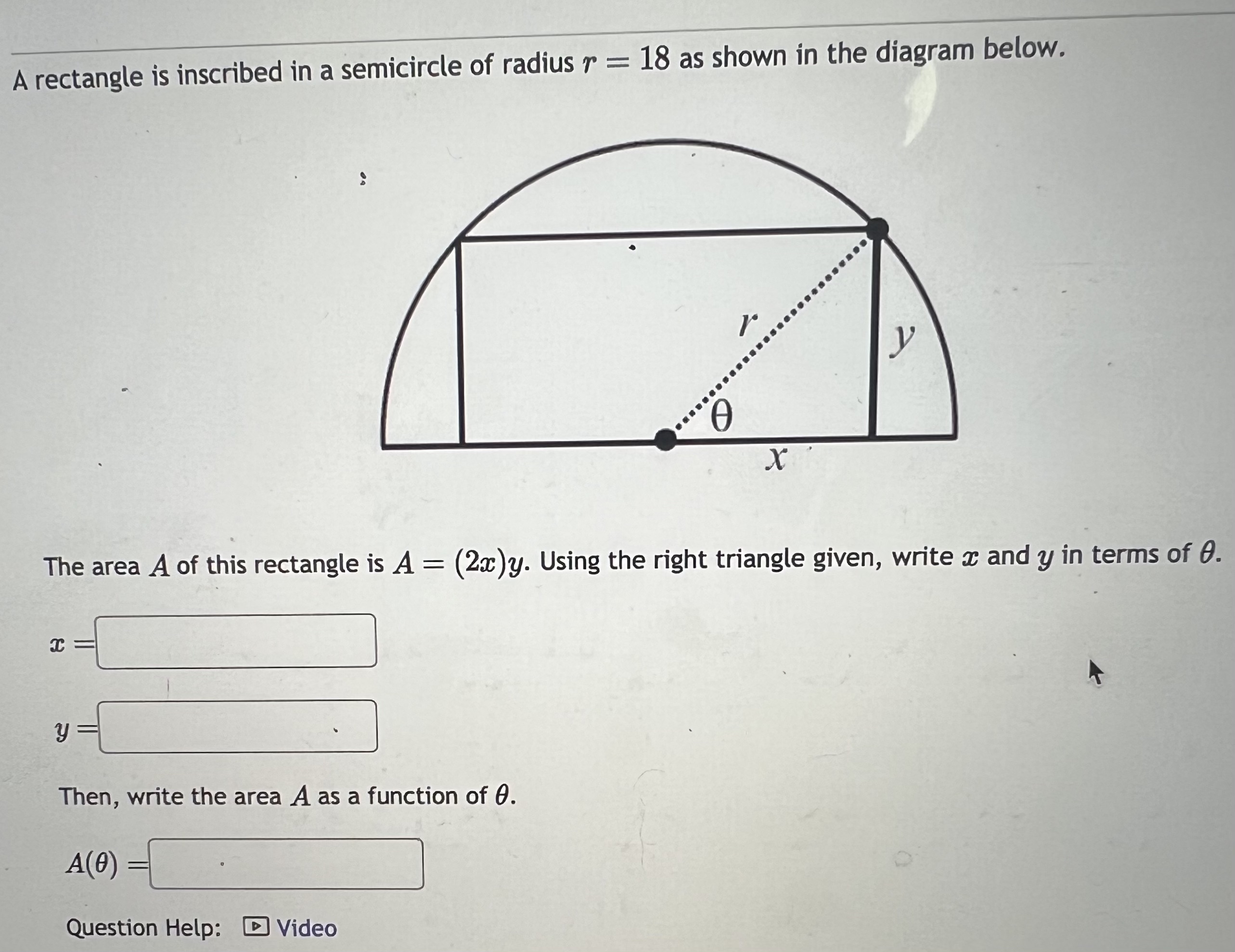 Solved A rectangle is inscribed in a semicircle of radius | Chegg.com