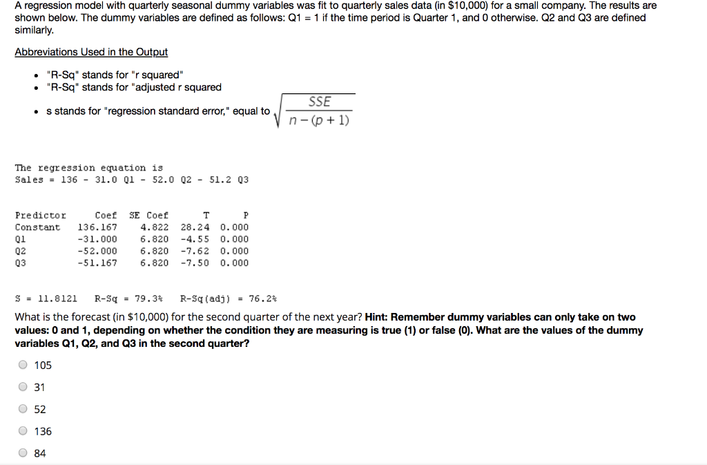 Solved A regression model with quarterly seasonal dummy | Chegg.com
