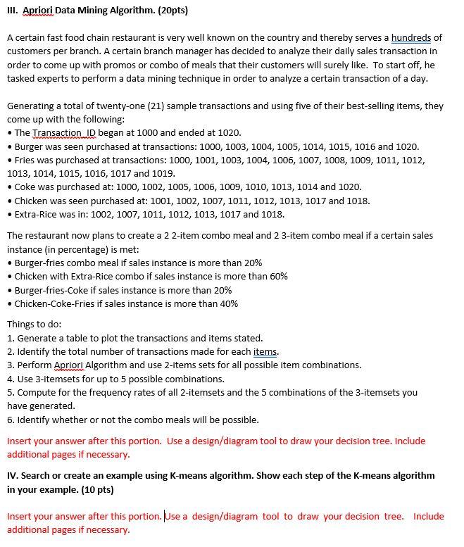 Solved III. Apriori Data Mining Algorithm. (20pts) A certain | Chegg.com