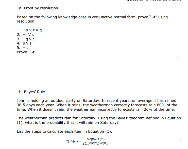 Solved 1a. Proof by resolution Based on the following | Chegg.com