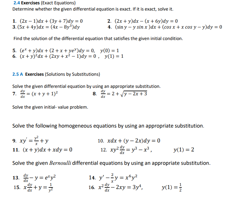 Solved 2.4 Exercises (Exact Equations) Determine whether the | Chegg.com