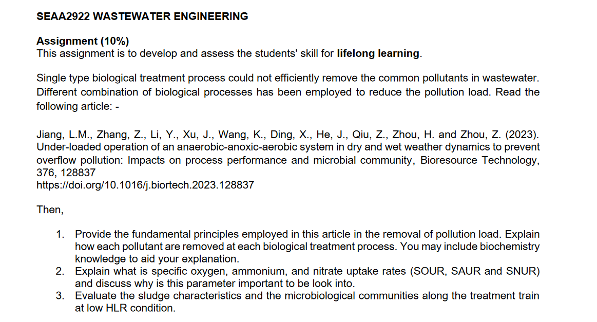 Solved SEAA2922 WASTEWATER ENGINEERING Assignment (10%) This | Chegg.com