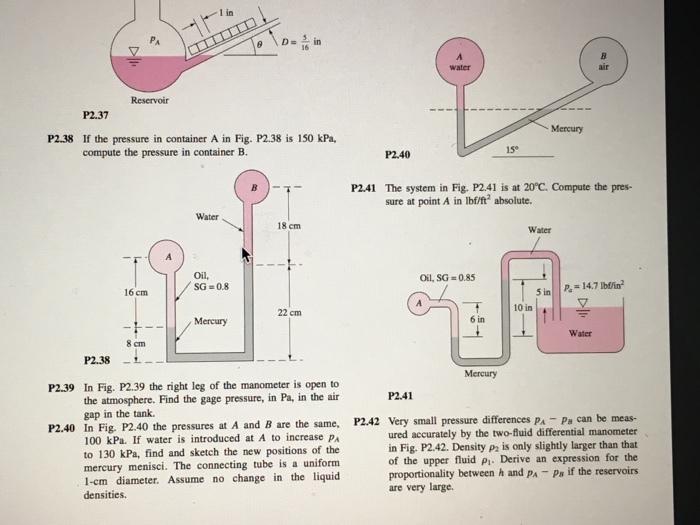 Solved 1 in 16 water P2.37 Mercury P2.38 If the pressure in | Chegg.com
