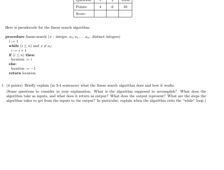 Solved Points: 4 6 10 Score: Here is pseudocode for the | Chegg.com
