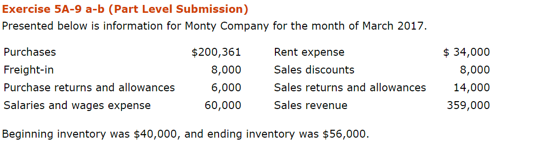 Solved Exercise 5A-9 a-b (Part Level Submission) Presented | Chegg.com
