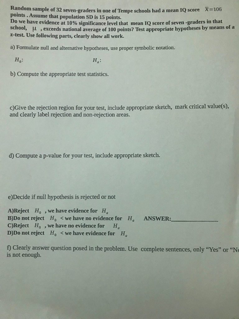 Solved Random sample of 32 seven-graders in one of Tempe | Chegg.com