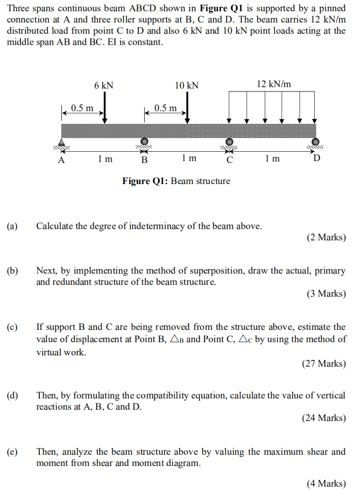 Three spans continuous beam ABCD shown in Figure Q1 | Chegg.com