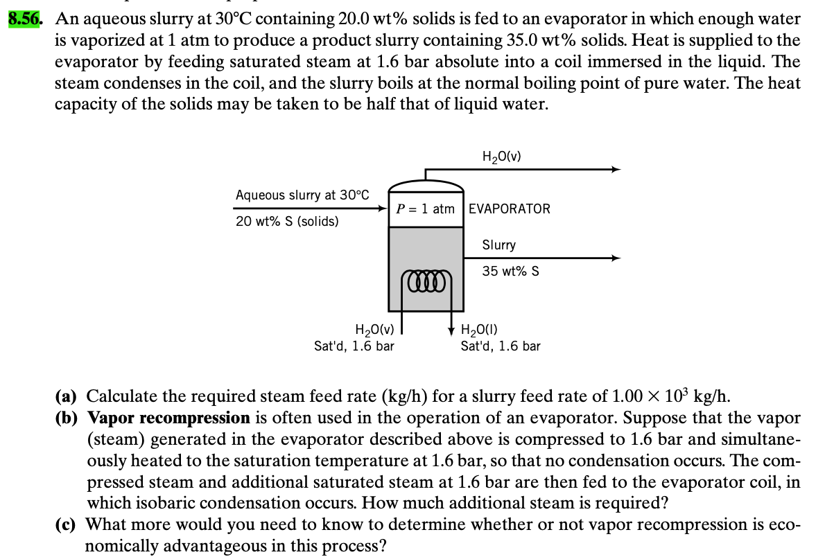 8.56. An aqueous slurry at 30°C containing 20.0 wt% | Chegg.com