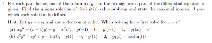 Solved 1. For each part below, one of the solutions (y1) to | Chegg.com