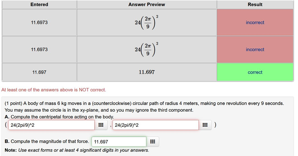 Solved Entered Answer Preview Result 27T 11.6973 24 | Chegg.com