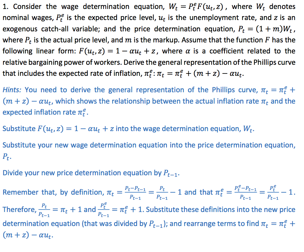 1. Consider the wage determination equation, Wt = Pe | Chegg.com