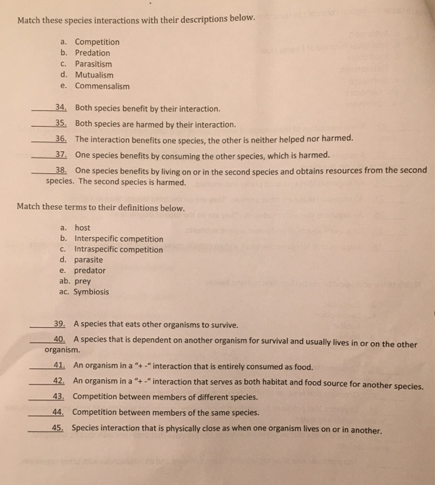 Solved Match these species interactions with their | Chegg.com