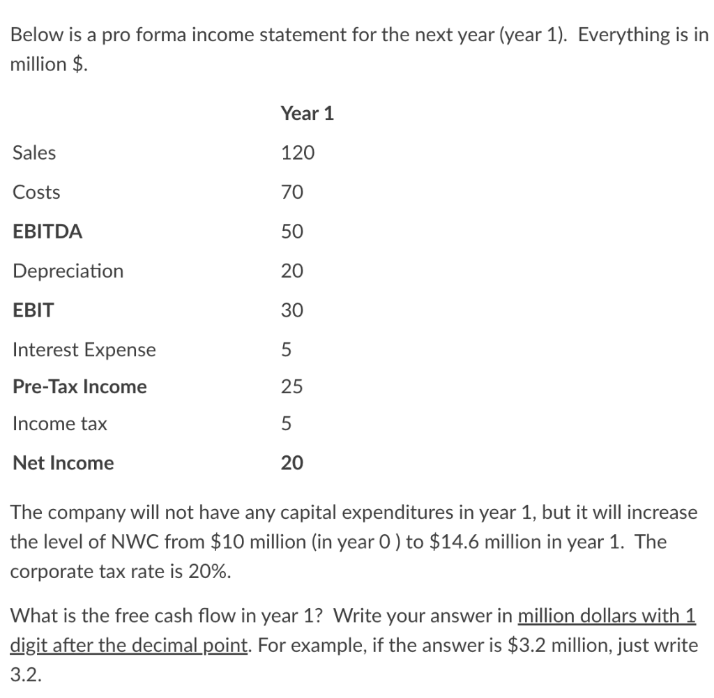 Solved Below is a pro forma income statement for the next | Chegg.com