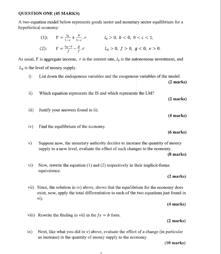 Solved QUESTION ONE (45 MARKS) A two-equation model below | Chegg.com