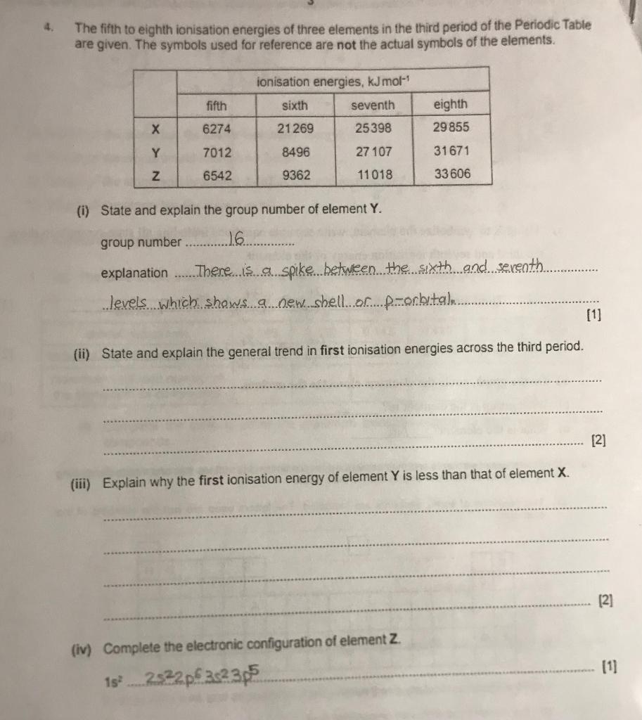Solved 4. The fifth to eighth ionisation energies of three | Chegg.com