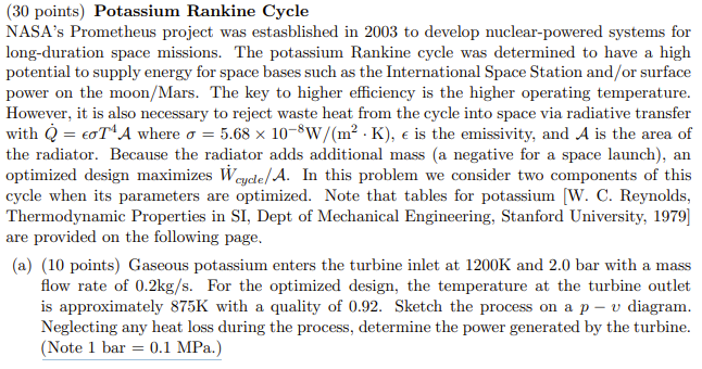 (30 points) Potassium Rankine Cycle NASA’s Prometheus | Chegg.com