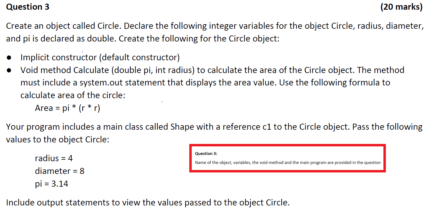 Solved Question 3 (20 marks) Create an object called Circle. | Chegg.com