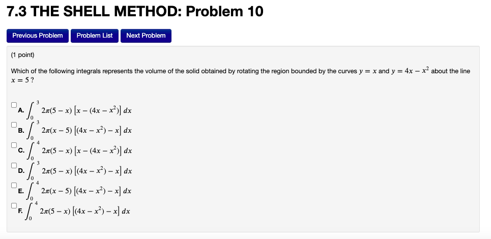 Solved 7.3 THE SHELL METHOD: Problem 10 Previous Problem | Chegg.com