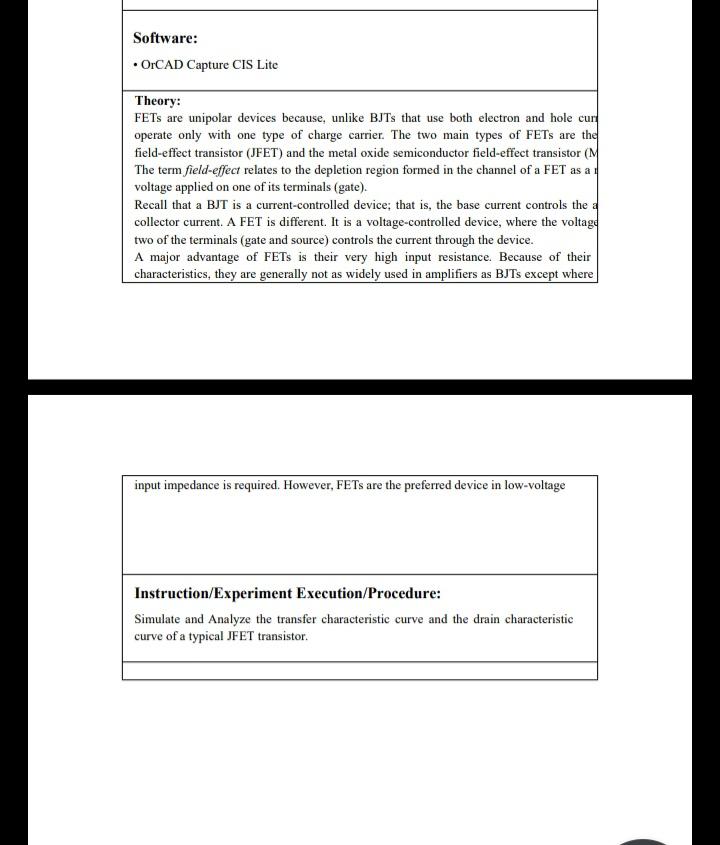 Solved Software: • OrCAD Capture CIS Lite Theory: FETs are | Chegg.com