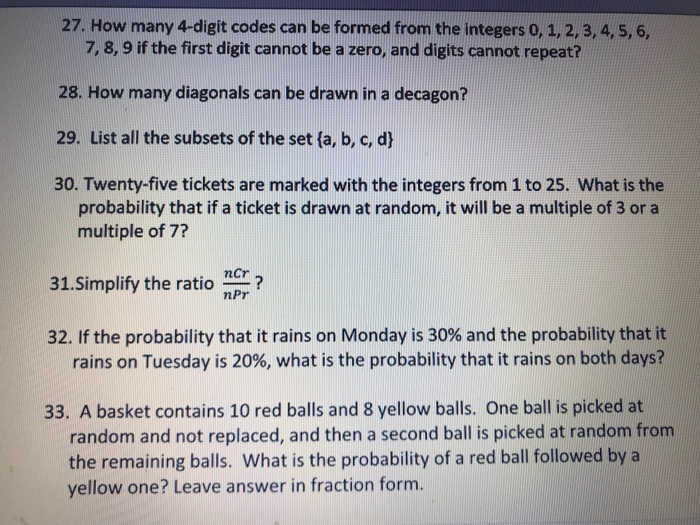 Solved 27. How many 4-digit codes can be formed from the | Chegg.com
