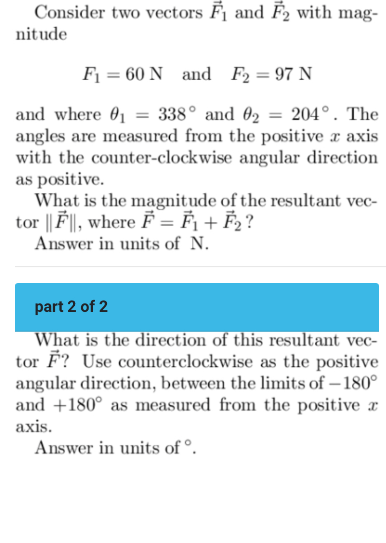 Solved Consider two vectors vec(F)1 ﻿and vec(F)2 ﻿with | Chegg.com