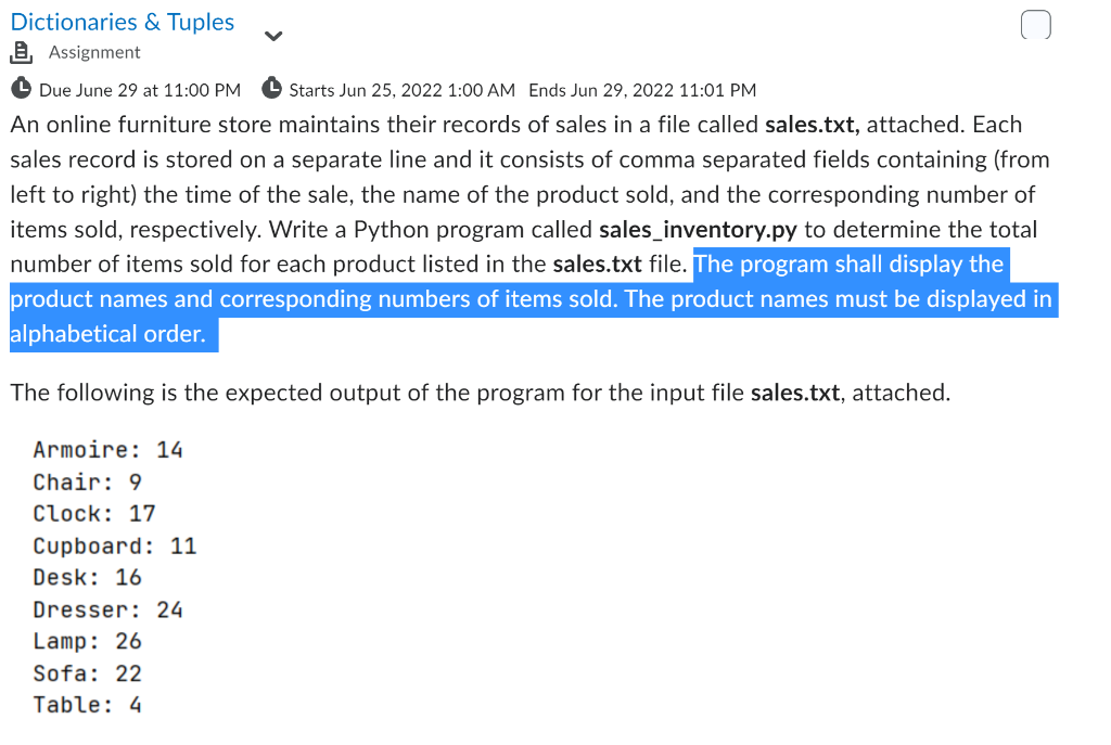 Solved C Dictionaries & Tuples Assignment Due June 29 at | Chegg.com