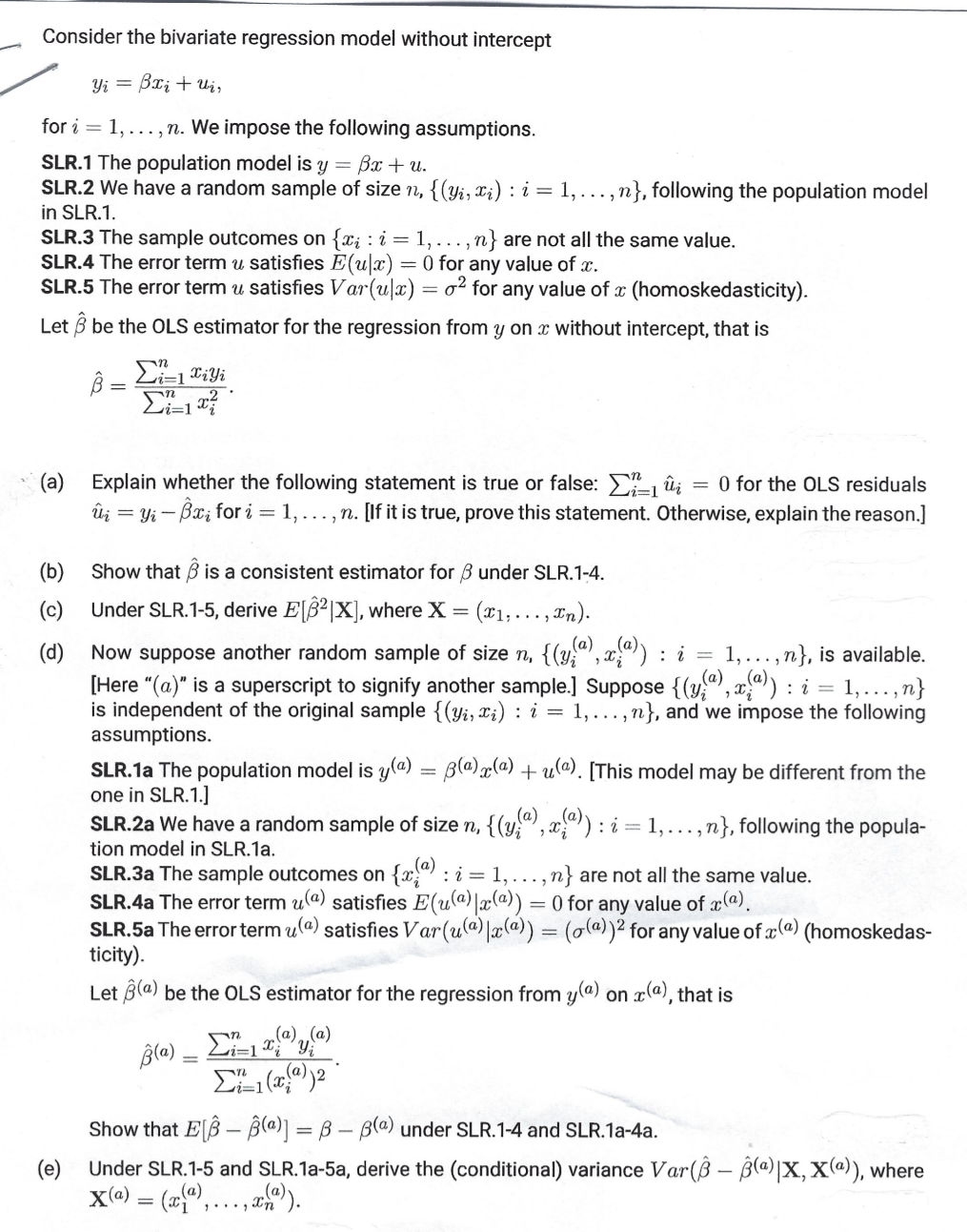 Consider the bivariate regression model without | Chegg.com