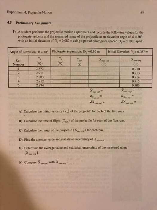 Experiment 4. Projectile Motion 45 Preliminary | Chegg.com