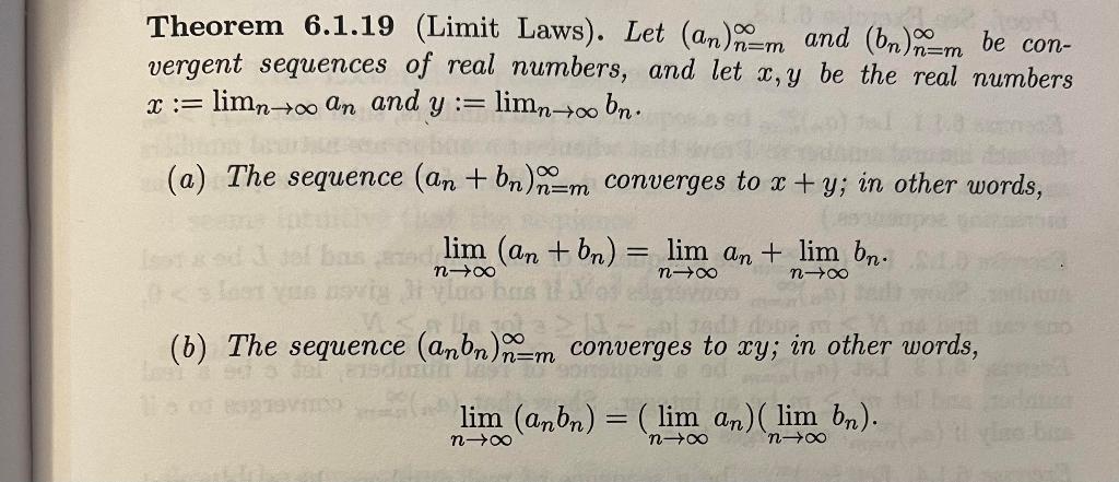 Solved Theorem 6.1.19 (Limit Laws). Let (an)n=m∞ and | Chegg.com