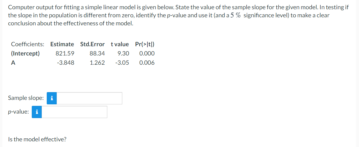 Solved Computer output for fitting a simple linear model is | Chegg.com