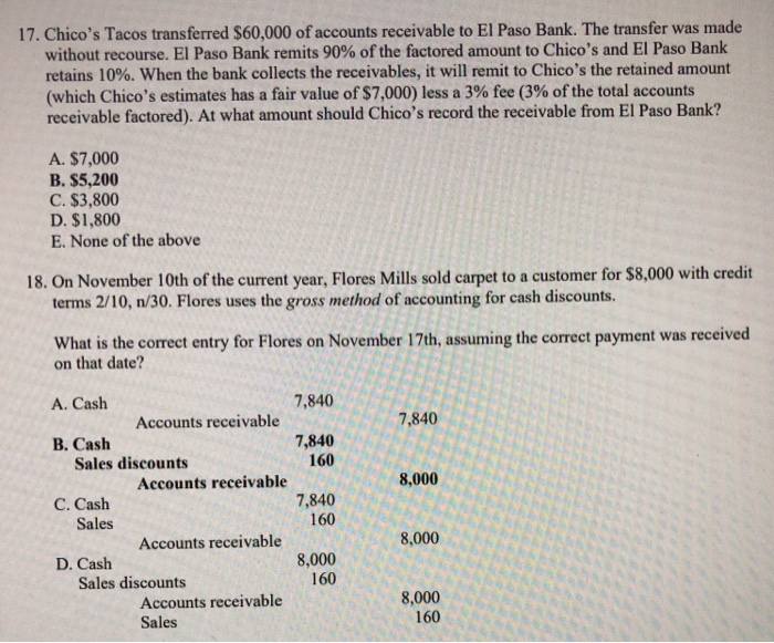 Solved 17. Chico's Tacos transferred $60,000 of accounts | Chegg.com