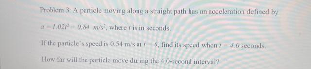 Solved Problem 3: A particle moving along a straight path | Chegg.com