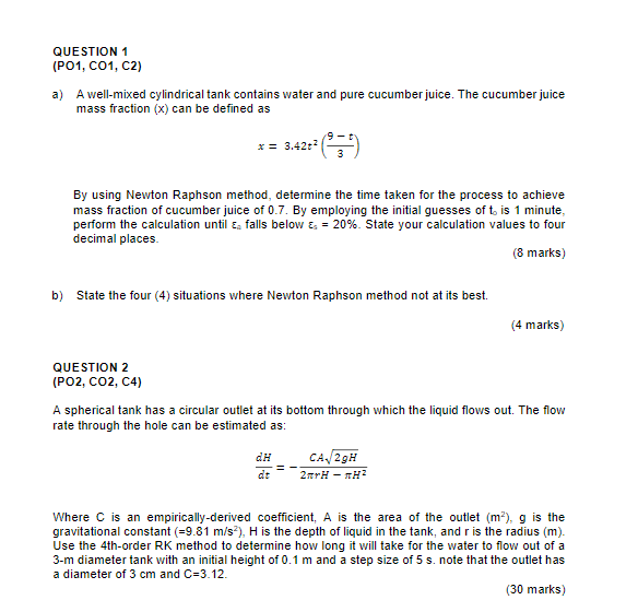 Solved QUESTION 1 (P01, CO1, C2) a) A well-mixed cylindrical | Chegg.com