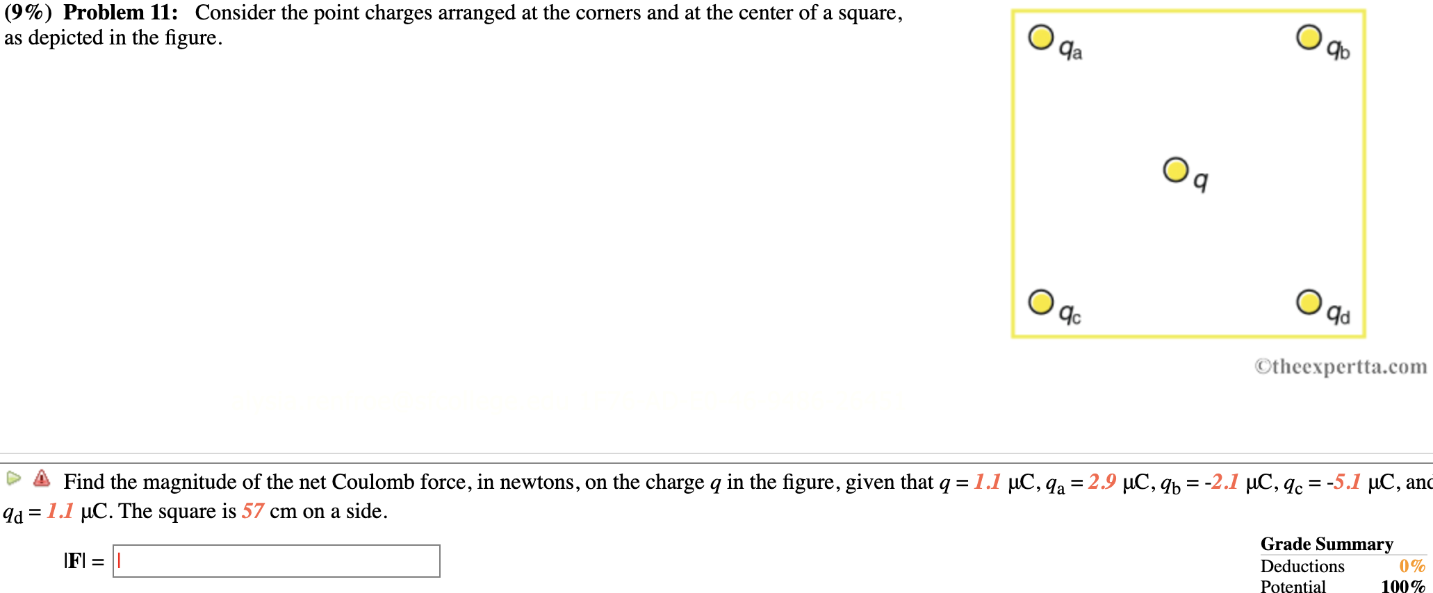 Solved (9%) Problem 11: Consider the point charges arranged | Chegg.com