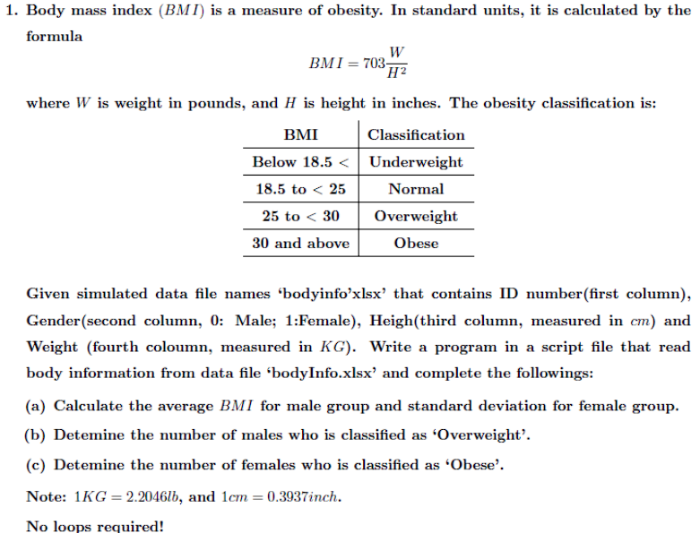 Solved Body mass index (BMI) is a measure of obesity. In | Chegg.com