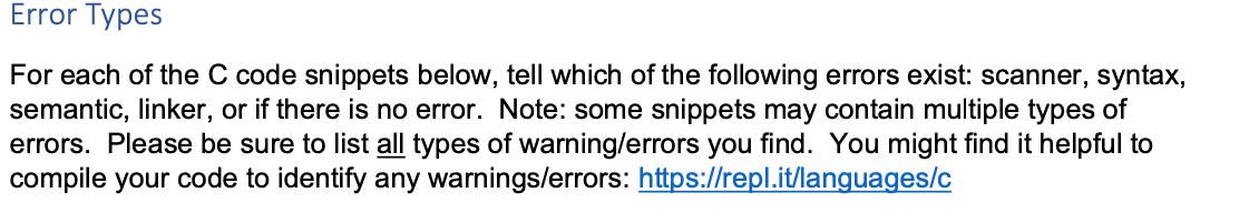 Solved Error Types For each of the C code snippets below, | Chegg.com