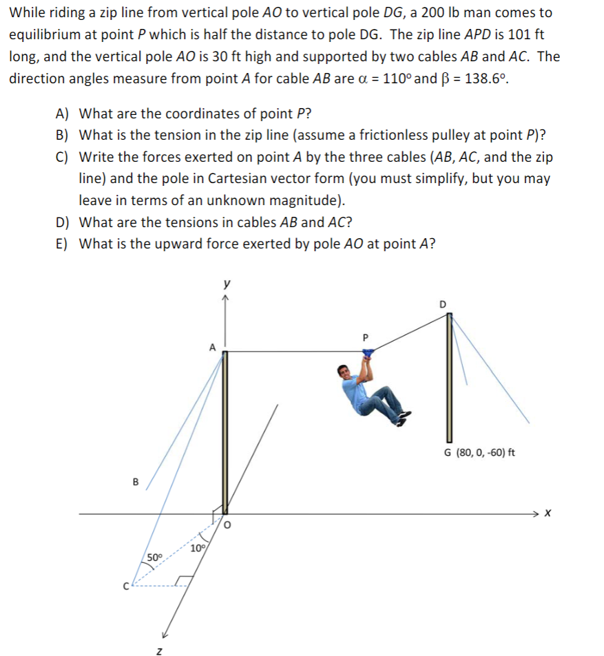 Solved While riding a zip line from vertical pole AO to | Chegg.com