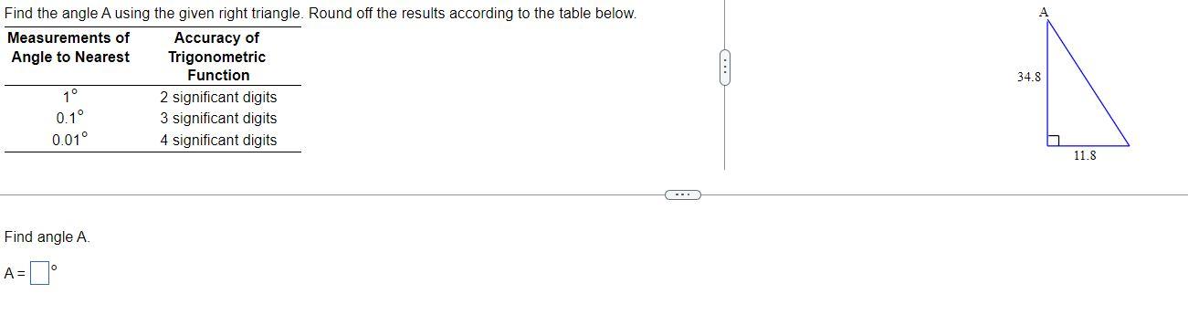 Solved Find the angle A using the given right triangle. | Chegg.com