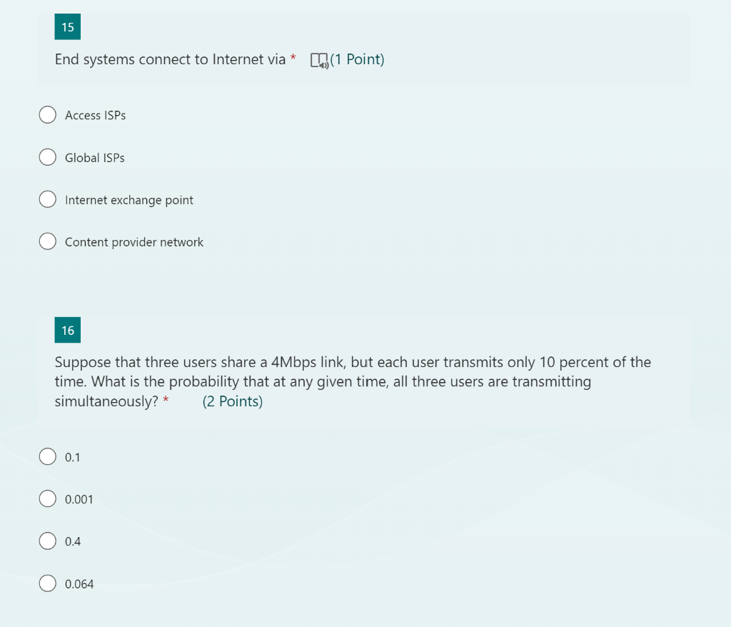Solved End systems connect to Internet via * 4)(1 Point) | Chegg.com