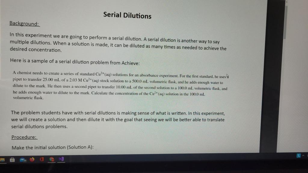 Solved Serial Dilutions Background: In this experiment we | Chegg.com