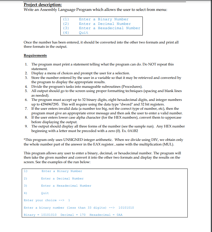 Solved Project description: Write an Assembly Language | Chegg.com