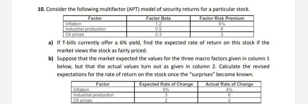 Solved 10. Consider the following multifactor (APT) model of | Chegg.com