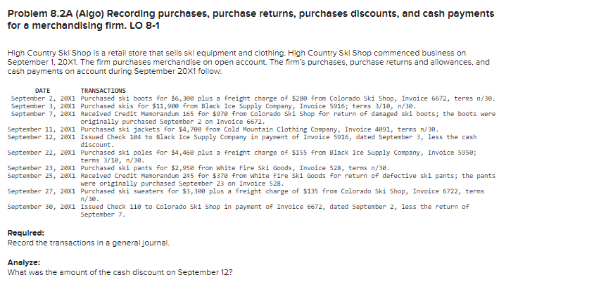 Solved Problem 8.2A (Algo) Recording purchases, purchase | Chegg.com