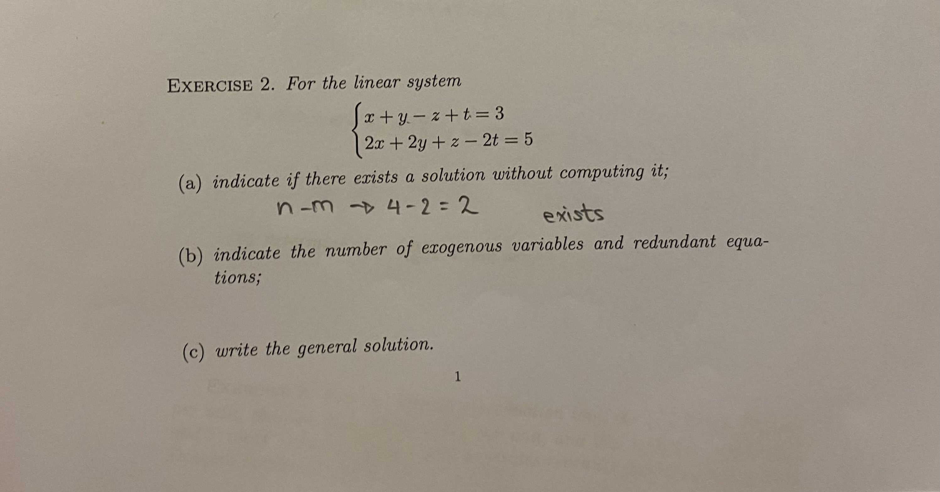 Solved Exercise 2 For The Linear System 